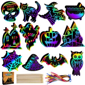 max fun halloween craft scratch paper art for kids party games ornaments 96pcs magic rainbow scratch off cards paper hanging educational toys kit halloween party supplies birthday gift