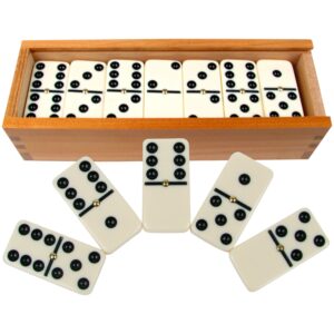 dominoes set- 28 piece double-six ivory domino tiles set, classic numbers table game with wooden carrying/storage case by hey! play! (2-4 players) , brown