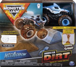 monster jam, megalodon monster dirt starter set, featuring 8oz of monster dirt and official 1:64 scale die-cast truck