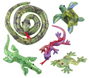 curious minds busy bags 5 reptile set - sand filled animal toy - snake, turtle, lizard, alligator, frog- heavy weighted sandbag animal plush bean bag toss - shimmering glitter