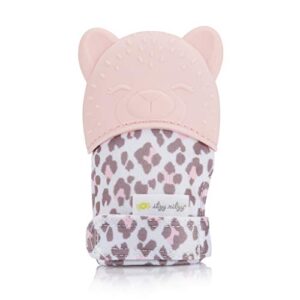 itzy ritzy silicone teething mitt - soothing infant teething mitten w/adjustable strap, crinkle sound, textured silicone to soothe sore & swollen gums, baby teething toy for 3 mos & up, blush leopard