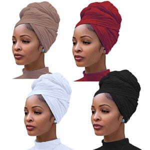 ymhpride 4 pieces stretch jersey turban head wrap knit headwraps urban hair scarf solid color ultra soft extra long breathable head band tie for women