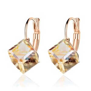 cube austrian crystal drop leverback earrings for women fashion 14k rose gold plated hypoallergenic jewelry (light topaz)