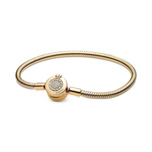 pandora moments sparkling crown o pavé clasp snake chain bracelet - 14k gold-plated charm bracelet for women - compatible moments charms - cubic zirconia shine - 7.1"