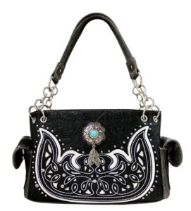 western tooled leather laser cut floral concealed purse horse country rhinestone cowgirl handbags shoulder bags in 5 colors (black)