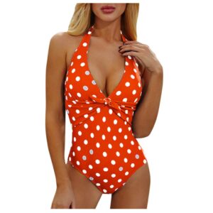 atezch_ women sexy dot print bikini one piece swimsuit, push-up pad swimwear cami bathing suit beachwear set (orange, xl)