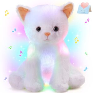 houwsbaby 12'' white musical light up cat stuffed animal kitty plush toy singing led glowing cat plush toy christmas festival birthday presents for kids girls boys