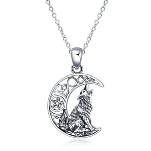 popkimi sterling silver wolf jewelry howling wolf pendant necklace for men for women, 18"+2" (style-1)