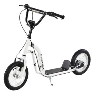 aosom youth scooter front and rear caliper dual brakes 12-inch inflatable front wheel ride on toy for age 5+, white