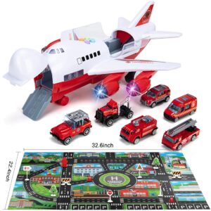 car toys set with transport cargo airplane, educational vehicles fire fighting car set for kids toddlers child gift for 3 4 5 6 years old, large play mat, 6 trucks large plane 11 road signs