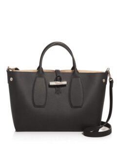 longchamp 'roseau' leather top handle shoulder tote handbag, black