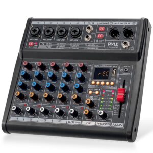 pyle professional bluetooth dj audio mixer - 6-channel dj controller sound mixer w/dsp 16 preset effects, usb interface, 4 xlr mic/line input, aux, fx processor mp3 player, headphone jack - pmx466