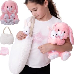 perfectto design bunny toy, 4 pcs set. mommy, 2 baby rabbit toys, xl furry bag and doll blanket. age 3-8