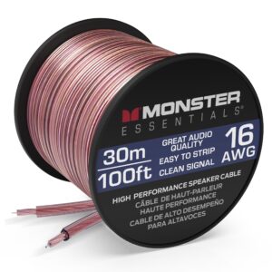 monster essentials high performance speaker wire 16 gauge copper clad aluminum (cca) speaker cable 100 ft spool – ideal home cinema speaker wire cable and car audio speaker cables/speaker wires