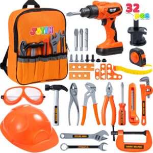 joyin 32pcs kids tool set, pretend play toddler tool toys with construction backpack costume & electronic toy drill for boy girl halloween present birthday dress up party