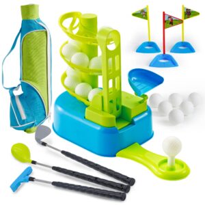 joyin club golf comprehensive toy set with 3 golf clubs, 3 club heads, deluxe toy golf bag, 15 training toy golf balls and accessories, for toddler kids boys and girls golf, outdoor lawn sport toy