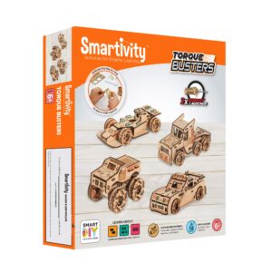 smartivity torque busters 3d wooden car engineering stem toy building set for kids ages 6 and up, includes rubber bands, engineered wood components, instruction manual, learner's log