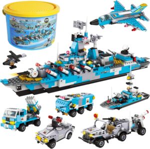 wishalife 6 in 1 city war military battleship toy building blocks set, with army truck toys, car toys, boat toy, airplane toy, helicopter toy, ww2 construction toys gift for kids boys girls age 6 plus