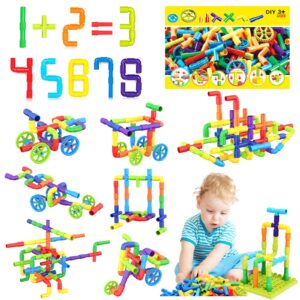 354 pcs stem building blocks set toy for kid, pipe tube sensory toys with wheels, baseplate, interlocking storage box, kids construction building blocks educational toy gift for toddler boy girl child