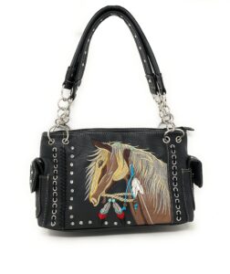 texas west western dales pony horse white mane embroidery feather conceal carry women handbag purse in 5 colors (black)