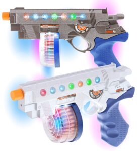 mozlly revolver space handgun toy set of 2 - flashing led laser guns for kids with sounds effects, realistic blaster gun toy for party favors & costume dress up accessory prop pretend play - 2 pack