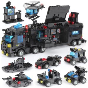 1110 pcs swat city police station mobile command center truck car building blocks set in 25 different models police cars, helicopter, boat, with storage box roleplay toys gift for kids boys girls 6-12