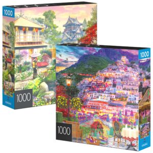 2-pack of 1000-piece jigsaw puzzles, amalfi coast & japan garden | puzzles for adults and kids ages 8+, amazon exclusive