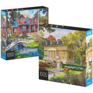 2-pack of 1000-piece jigsaw puzzles, pine cabin & summer estate | puzzles for adults and kids ages 8+, amazon exclusive