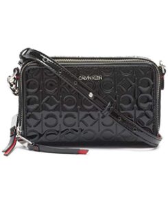 calvin klein women's marybelle saffiano double zip organizational crossbody bag, black/silver patent emboss, one size