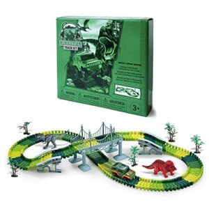 dinosaur flexible track set fr2001: 173 total pieces - includes 1 off-road electric toy vehicle & 2 dinosaurs (species may vary)- fun learning dino gift for 3 year olds & up