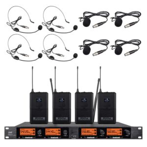 wenwen frequency b wireless microphone system 4 channel 4 lavalier 4 bodypacks 4 lapel mic 4 headsets uhf for karaoke system church speaking conference meeting classroom wedding party meeting school