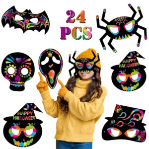 24 pack magic scratch paper art masks set for kids rainbow painting diy crafts black supplies coloring kits for halloween birthday party favors creative gift bat pumpkin spider wizard hat skull ghost