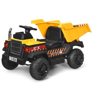 costzon ride on car, 12v ride on dump truck w/remote control, electric dump bed, music, horn, usb, aux, treaded tires, shovel, 3 speeds, battery powered construction vehicle, electric car for kids