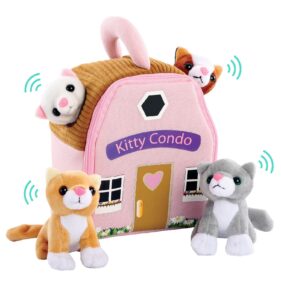 etna meowing cat condo toy playset with sounds, 5 piece small stuffed cats and kittens