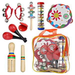 kids musical instruments toys set: baby music toys montessori percussion for toddlers - preschool educational musical toys set for boys and girls with storage bag (red)