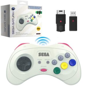 retro-bit official sega saturn 2.4 ghz wireless controller for sega saturn, sega genesis mini, switch, ps3, pc, mac - includes 2 receivers & storage case (white)