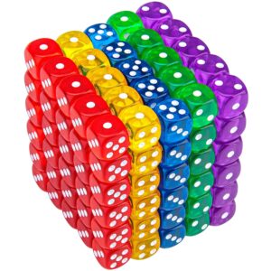 150 pieces 6-sided games dice set 5 translucent colors 14mm dice for board games, activity, casino theme, teaching math games, party favors and more