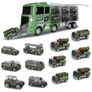 hautton diecast military vehicles toy set, 12 in 1 mini alloy metal army battle-car in carrier truck transport car gift for boys kids children