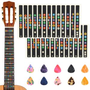 2 pcs guitar fretboard stickers, guitar note stickers, learn guitar tabs, sticker for beginner learner with 10 pcs guitar picks