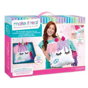 make it real - diy glowing unicorn pillow - diy arts and crafts kit for kids - includes color changing lights, pre cut fleece & stickers - no sewing required - unicorn bedroom décor