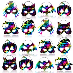 max fun 36pcs halloween rainbow scratch mask, art craft kit for kids birthday cosplay classroom decoration, magic scratch paper halloween party favor supplies bat witch pumpkin zombie pirate skull