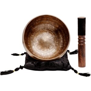 ancient design large etched tibetan singing bowl set by ohm store — relaxing deep tone meditation sound bowl and wooden mallet handcrafted in nepal — purity bowl (about 6 inch)