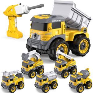 take apart toys with electric drill with remote control function 6 in 1 take apart construction toys trucks toy drills, gift toys for 3,4,5,6,7, 8 year old boys girls kids