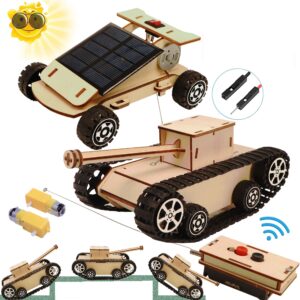 diy wooden kids science experiment kits-remote control off road tracked tank and solar power race car,stem learning toys gifts electric motor building project for kids (tank and race car(2 kits))