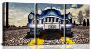 usixa car wall art for living room old vehicle on brown road wall decor painting blue car in wild picture for home decor prints canvas with frame ready hang white cloud sky landscape poster 12''x16''