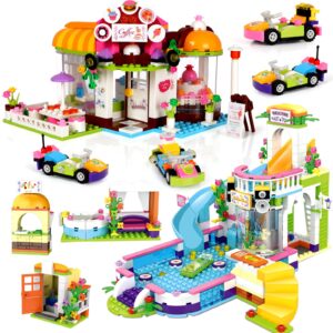 friends water park cafe toy building set for kids, 1140 pieces coffee shop summer swimming pool building blocks sets with storage box, friends sets house christmas birthday gift for girls age 6-12