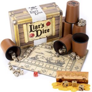 pirates & cowboys family dice game themed bundle - liar's dice and last chip standing travel-size game - premium dice cups, custom bullseye dice, neoprene play mat