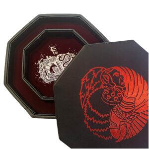 fantasydice red orc paladin yin and yang - dice tray - 8" octagon with lid and dice staging area- holds 5 sets(7 dice set/standard) for all tabletop rpgs