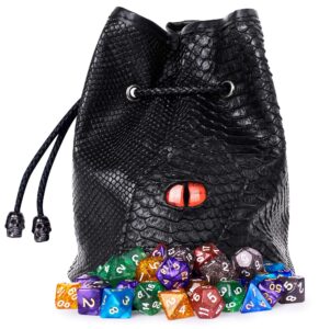 large dice bag with 7 complete dice sets | black dragon dnd dice bag and 49 polyhedral dice | green satin interior lining | man-handles 150+ dice