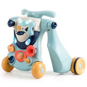 honey joy sit-to-stand learning walker, 3-in-1 push pull baby walker w/wheels, convertible ride on toy car, kids educational activity center w/sound & light for toddler infants boy girl (blue)